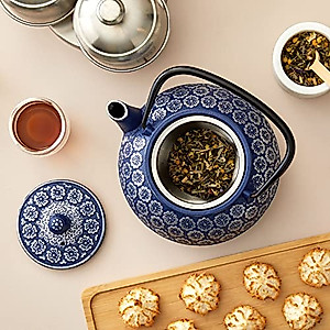 Blue Cast Iron Chinese Teapot with Infuser for Loose Leaf Tea, Includes Handle and Removable Lid (34oz)