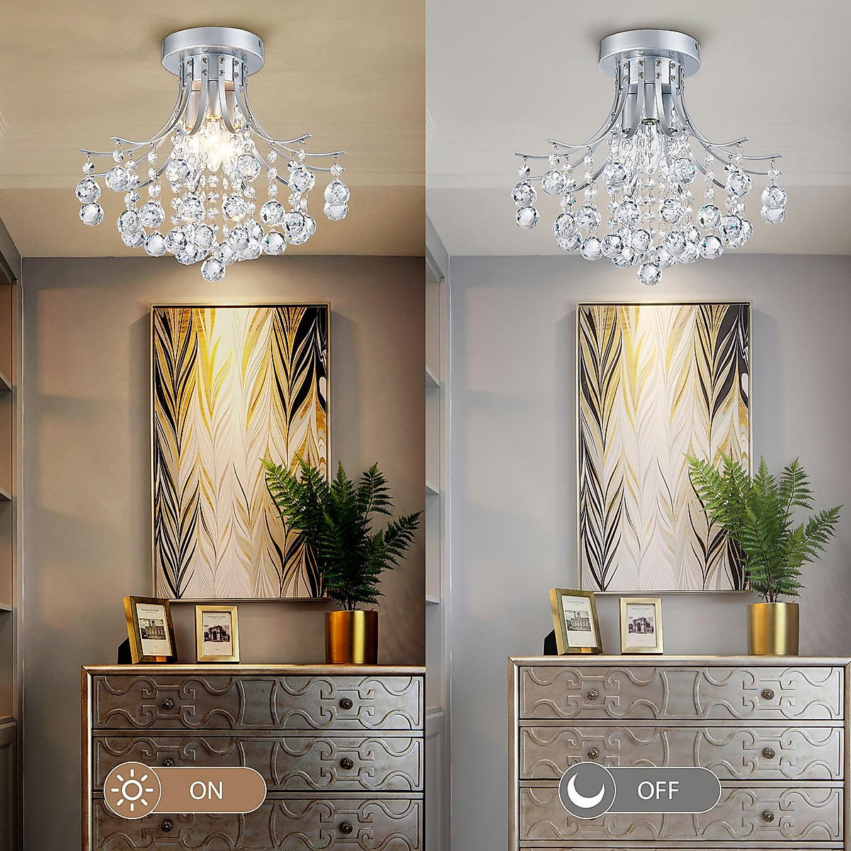 Bestier Modern Silver Crystal Semi-Flush Mount Chandelier Lighting Ceiling Light Fixture Lamp for Diningroom Bathroom Bedroom Livingroom 3 E12 Bulbs Required D13.5 inch X H11.6 inch