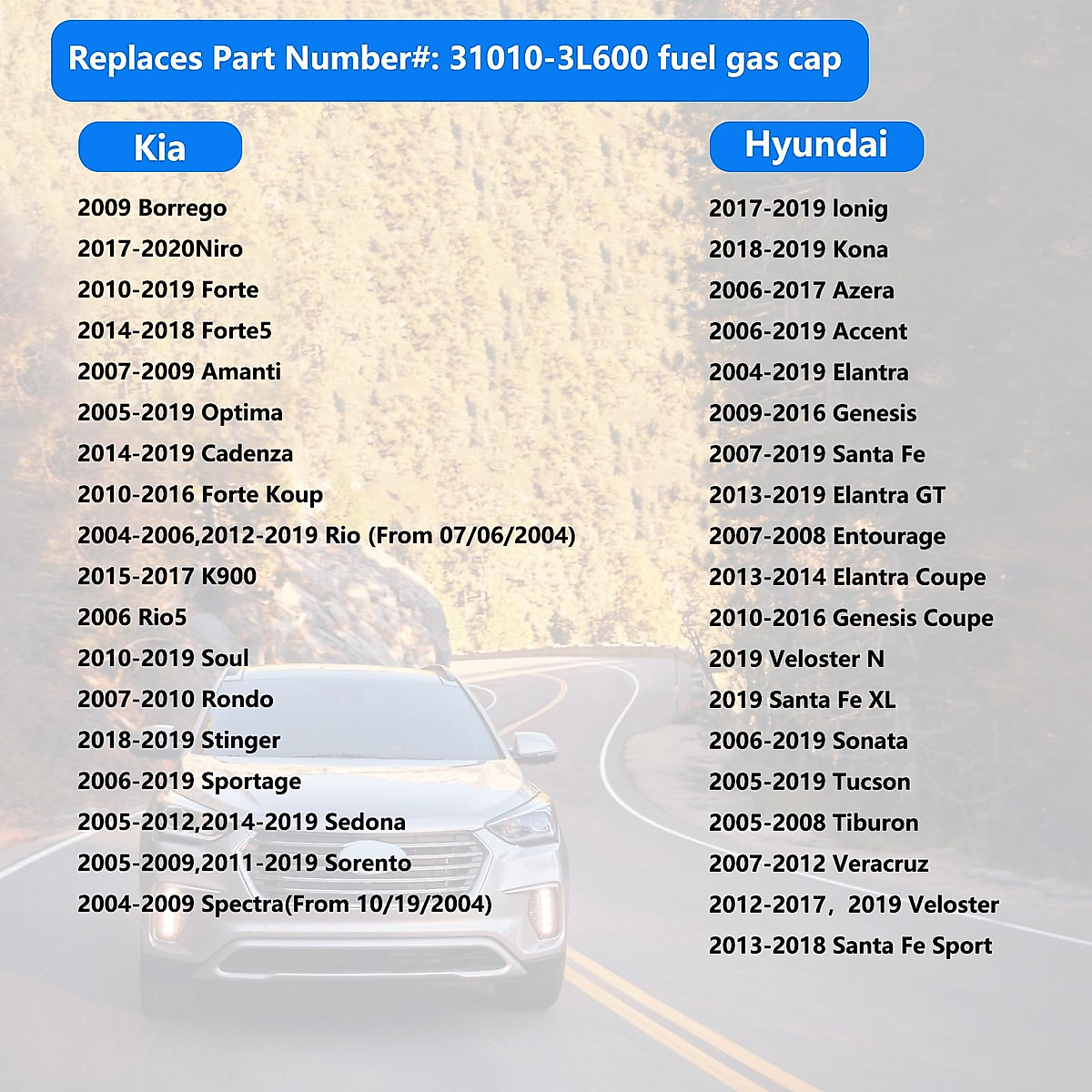 Gas Cap Fuel Cap OEM 31010-3L600 For Hyundai Accent Azera Elantra GT Entourage Equus Genesis Coupe Santa Fe Sonata Tucson Veloster, Kia soul sedona Forte Sportage Sorento Optima Amanti Fuel Tank Caps.