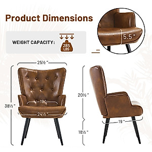 Furniliving PU Leather Accent Chair for Living Room, Upholstered Reading Chair with High Backrest, Tufted-Button Wingback Armchair for Bedroom, Dressing Room, Home Office, Brown