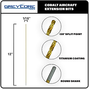 Greycore Tools 1/16 Inch x 12 Inch Cobalt Aircraft Extension Bit – M35 Cobalt Drill Bit, Industrial Titanium Coating – Drill Bits for Steel, Hard Metal, Cast Iron, Wood, Plastic (1/16" x 12")