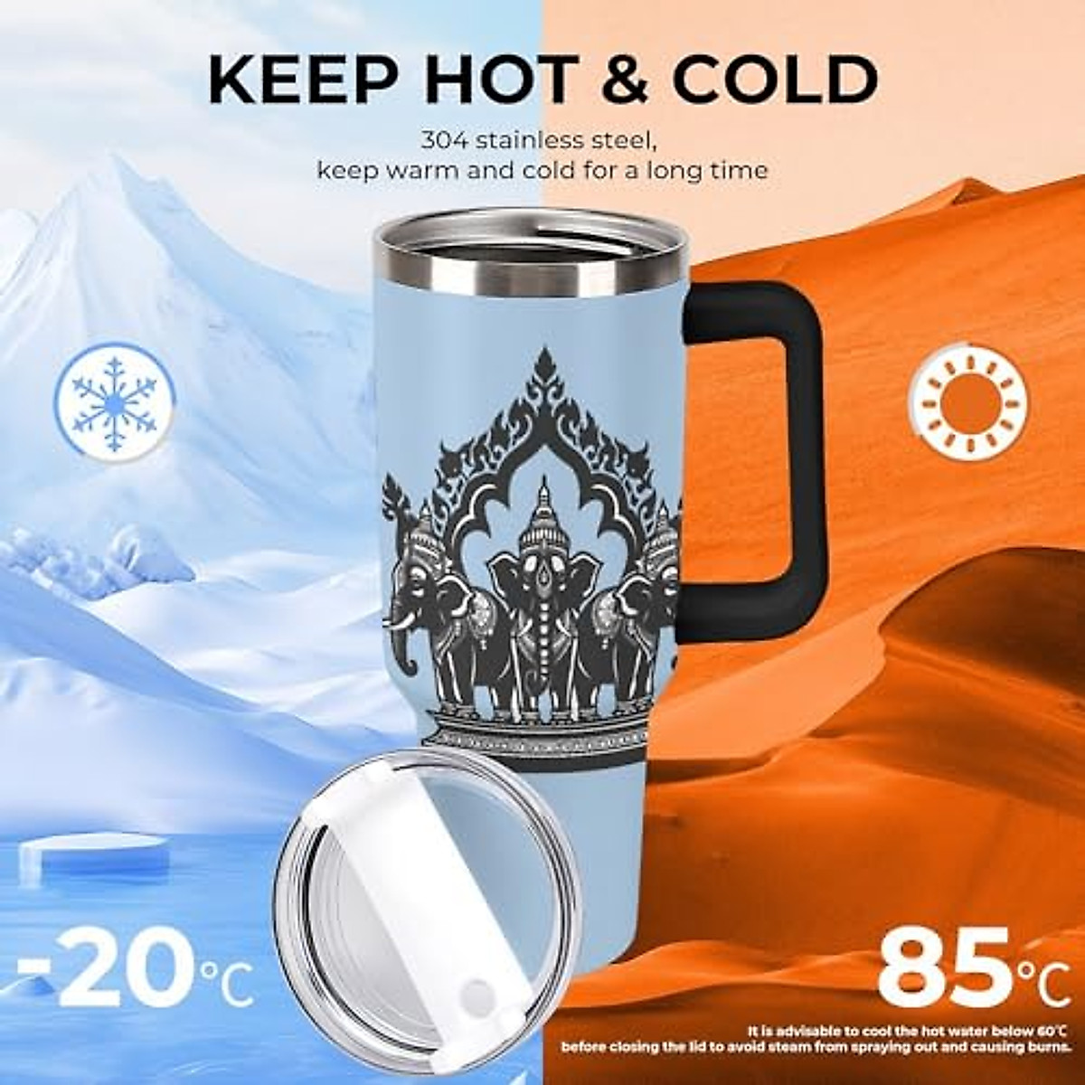 Three Elephants Laos 40OZ Tumbler Stainless Steel Travel Mug Water Bottle Car Cup Tea Cups with Lid Black-style