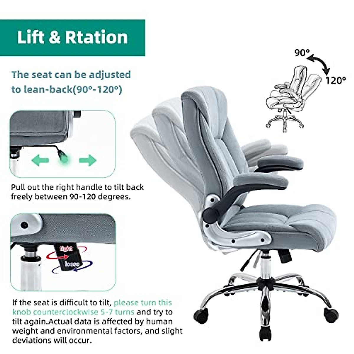 SEATZONE Home Velvet Office Chair, Comfortable Fabric Computer Desk Chair with Wheels, Executive Chair with Adjustable Height and Lumbar Support, Grey