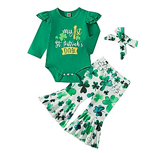 DEARBB Newborn Baby Girl My 1st St. Patrick’s Day/Easter Outfit Romper Lucky Shamrock Bunny Flare Pants Set Infant Toddler