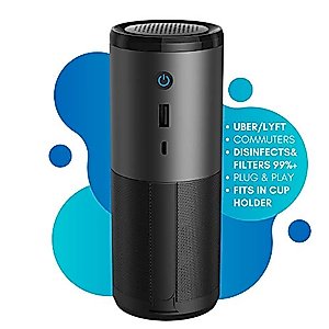 KLEENKI.com HEPA Car Air Purifier Travel-Sized Portable w/ H13 Filter, Mercury-Free, Ozone-Free, Ideal for Rideshare Drivers, Rooms, Odor, Commutes, Filters Allergens 99%+ Purification (1 Pack, Black)