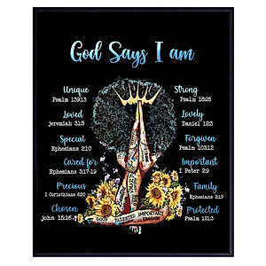 Positive Affirmations Black Wall Art - Inspirational Bible Verses Religious God Decor - Spiritual Christian Scripture Poster - African American Women, Black Woman, Girls - I Am - Encouragement Gifts