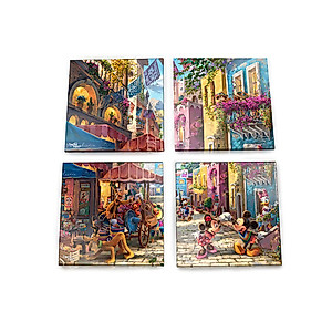 Disney – Mickey and Minnie Mouse in Mexico – Thomas Kinkade Studios – Set of Four 4” x 4” Glass Coasters - Comes with Stylish Modern Wooden Coaster – for Gifting and Collecting