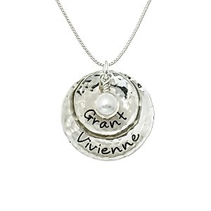 Dopio Personalized Sterling Silver Necklace with 2 Customizable Discs. Hand Finished and Accompanied by a Swarovski Pearl on a Sterling Silver Chain. Gifts for Her, Wife, Mother, Grandmother
