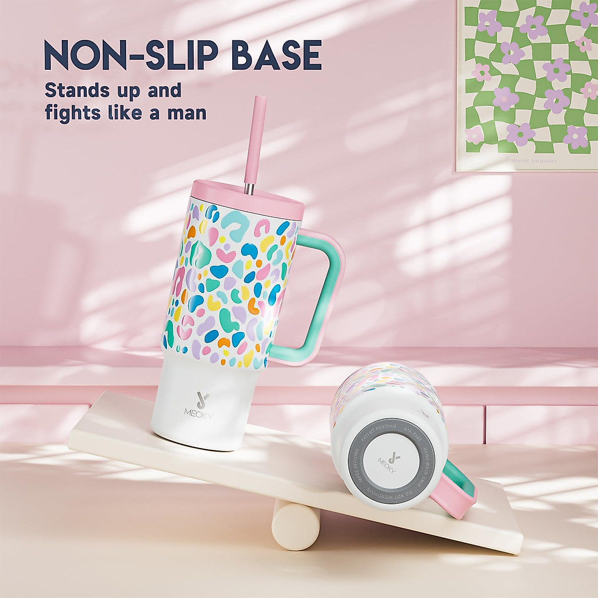 Meoky 24 oz Tumbler with Handle and Straw, 100% Leak-proof Tumbler with Lid and Straw, Insulated Stainless Steel Travel Coffee Mug, Keeps Cold for 24 Hours (Leopard)