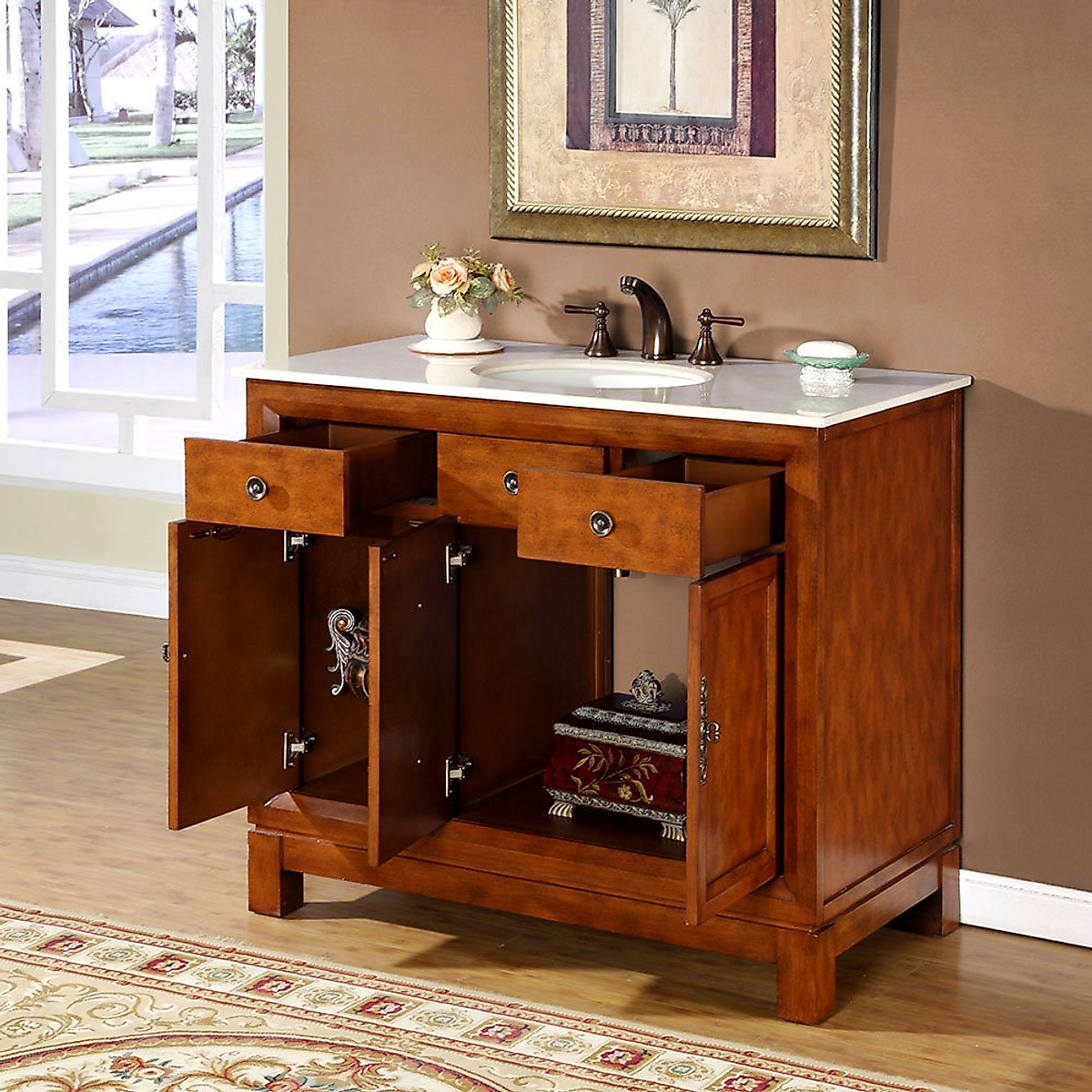 Silkroad Exclusive HYP-0911-CM-UWC-42 Countertop Cream Marble Stone Single Sink Bathroom Vanity with Bath Cabinet, 42", Medium Wood