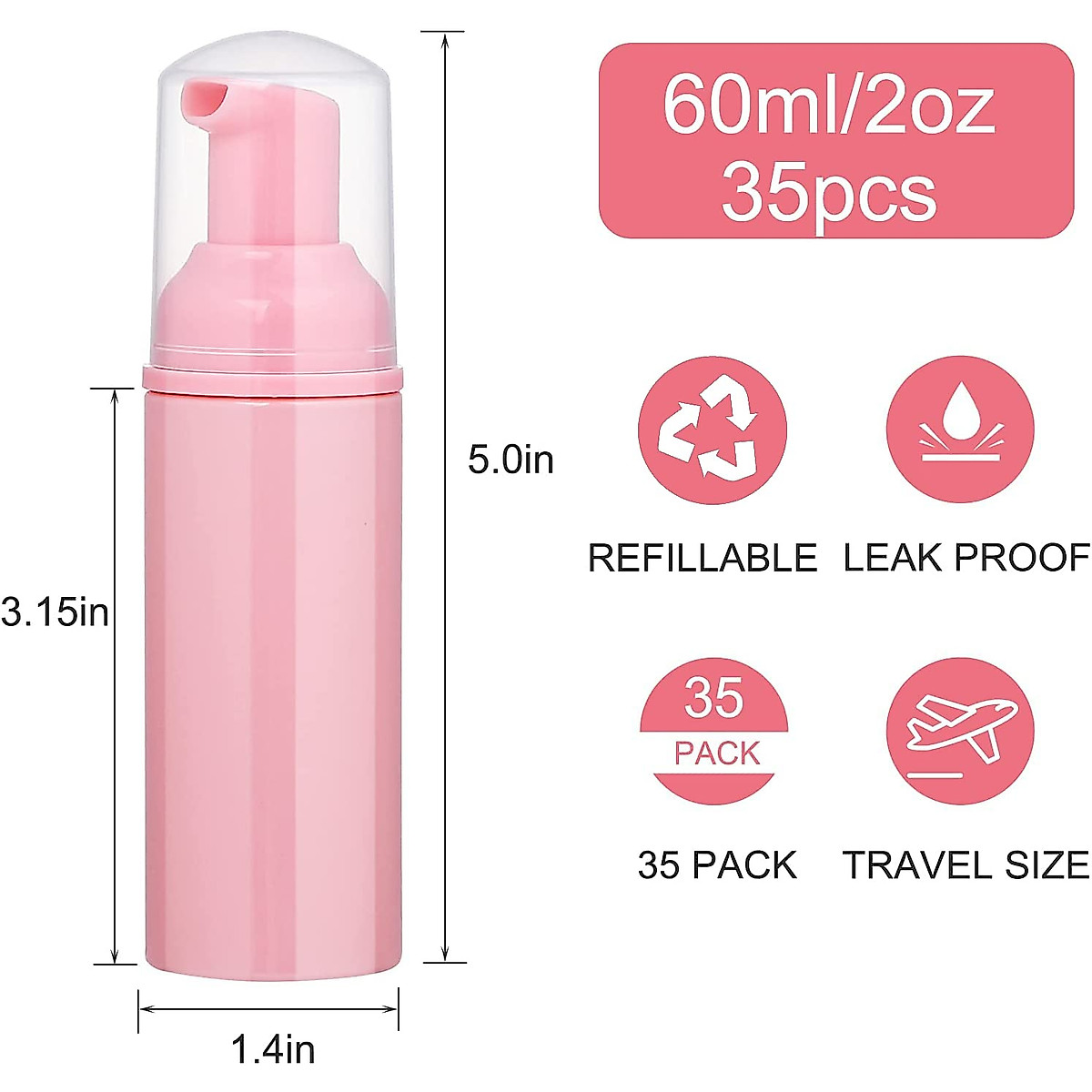 35 pcs 2oz (60ml) Foam Soap Dispensers Mini Plastic Refillable Travel Bottles with Pump for Hand Sanitizer Lash Shampoo Castile Liquid Pink