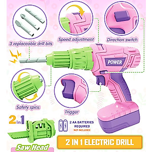 Kids Tool Set with Electric Toy Drill Tool Box for Girls, Pink Toddler Tool Set Kids Power Construction Pretend Play Tools Set Toy Hammer Tools Kit for 3 4 5 6 7 8 Year Old Girls Boy Kids Toddlers Toy