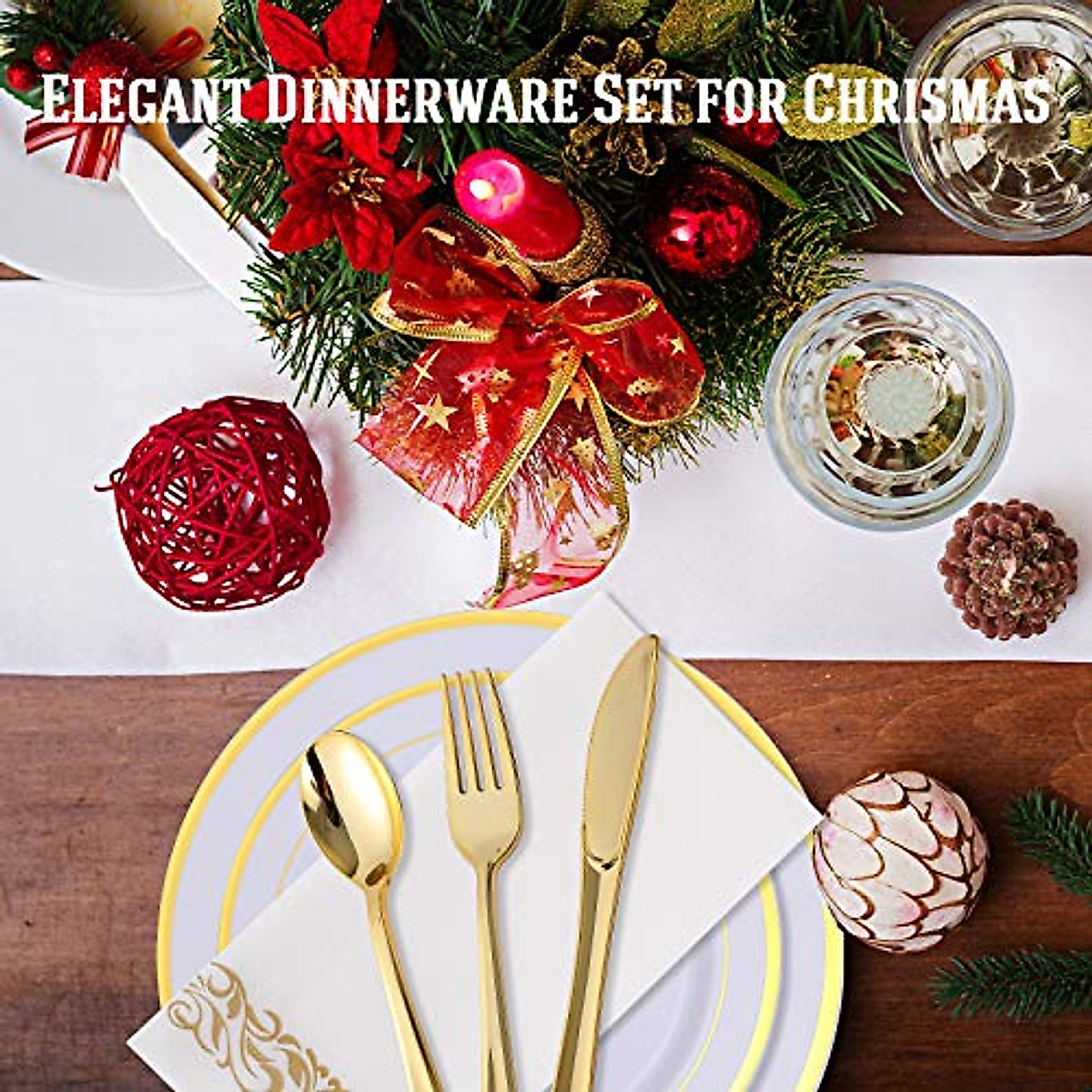 700 Count Gold Dinnerware Set-200 Plastic Plates- 300 Gold Plastic Silverware-100 Gold Plastic Cups-100 Disposable Hand Towel- Disposable Gold Dinnerware Set for Halloween, Christmas, Thanksgiving