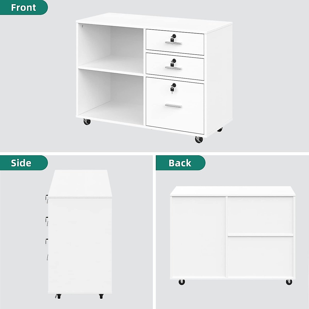 YITAHOME Wood File Cabinet, 3 Drawer Mobile Lateral Filing Cabinet, Storage Cabinet Printer Stand with 2 Open Shelves for Home Office Organization,White