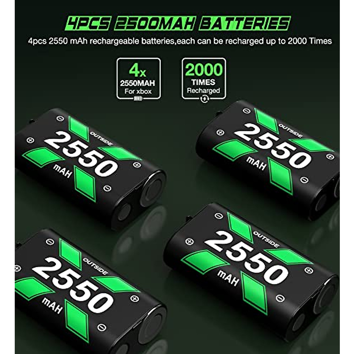 Charger for Rechargeable Xbox One Controller Battery Pack with 4x2550mAh Batteries for Xbox Series X|S/Xbox One, Battery Charger Station for Wireless Xbox One S/Xbox One X/Xbox One Elite Controllers