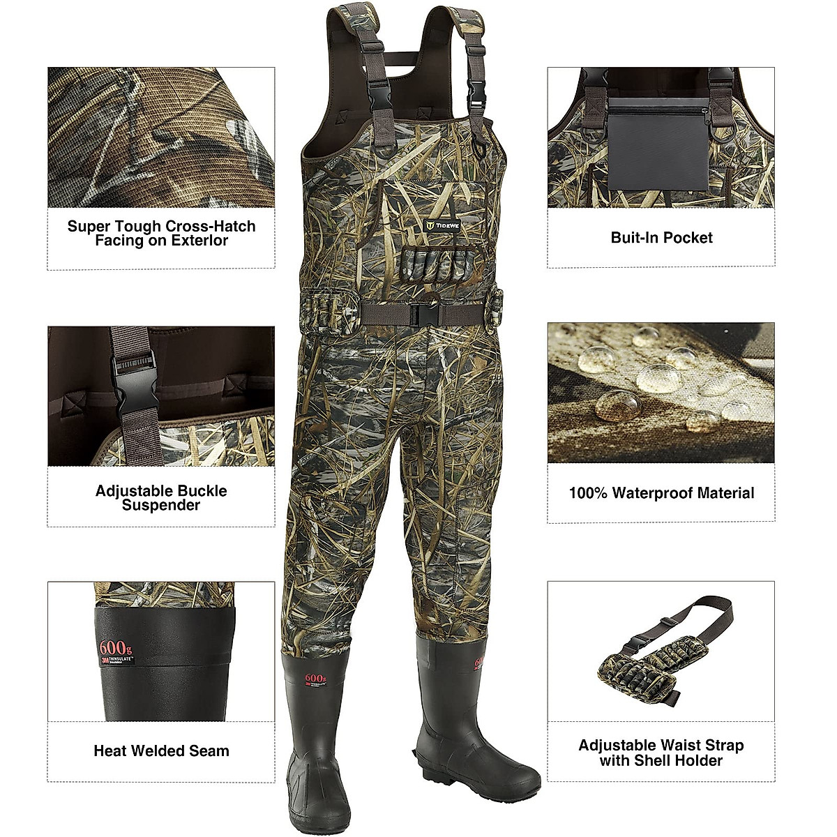 TIDEWE Chest Waders, Hunting Waders for Men Camo with 600G Insulation, Waterproof Cleated Neoprene Bootfoot Wader, Insulated Hunting & Fishing Waders (Size 7)