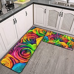 Midetoy Kitchen Rug and Mat Set Rainbow Rose Flowers Colorful Floral Non-Slip Rubber Back Floor Mats 2 Pieces Washable Kitchen Carpet Floor Mat 17"x48"+17"x24"