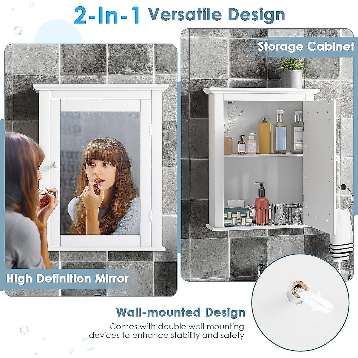 Safeplus White Medicine Cabinet with Mirror, Wall Mounted Adjustable Storage for Bathroom, Living Room, Bedroom, Entryway and Kitchen