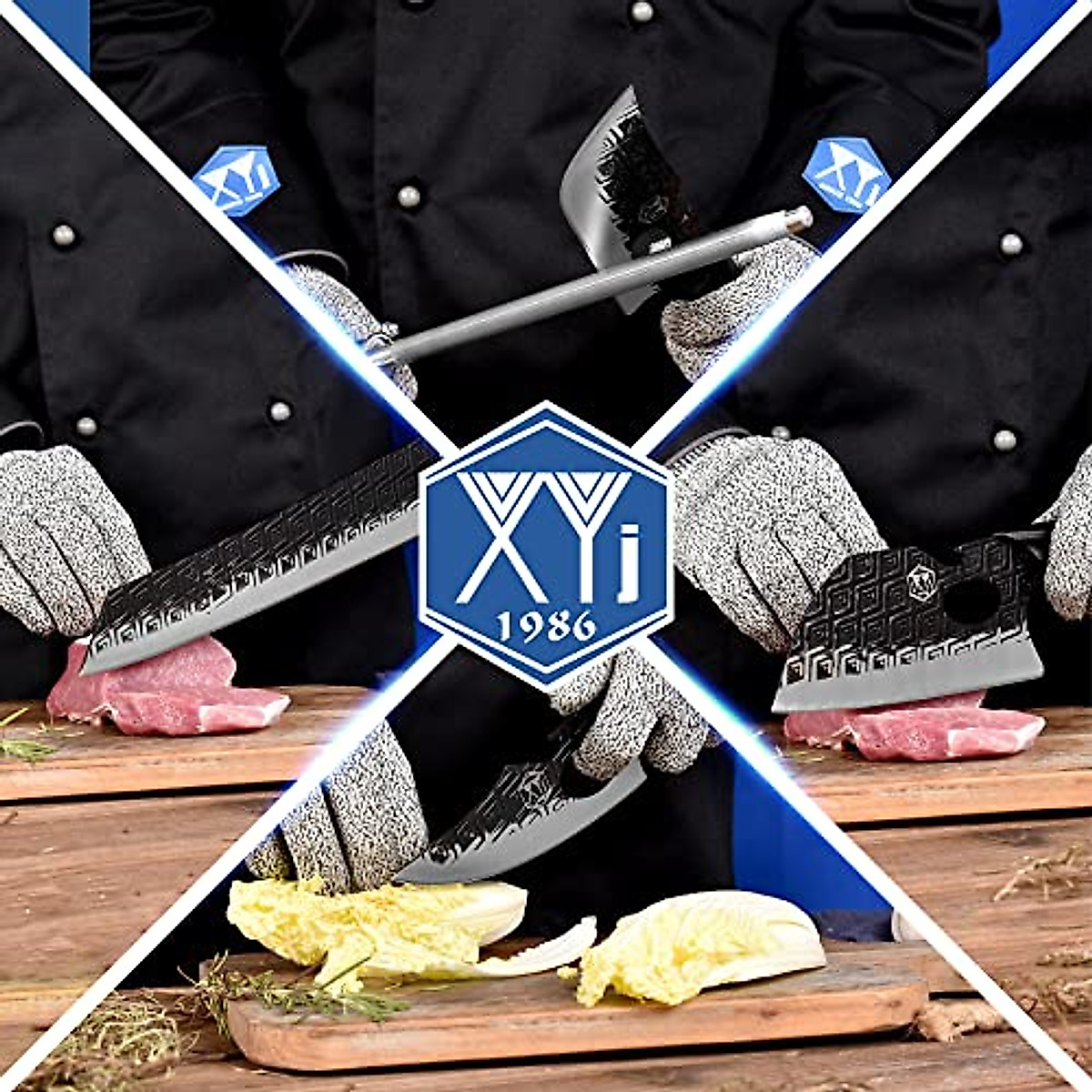 XYJ Authentic Since 1986,6pcs Cooking Slice Knives Set,Camping Chef Knife With Sheath Holder,Honing Steel,Whetstone,Cake Knife,Roll Bag Kitchen Vegetable Knives,Full Tang,High Carbon Steel (Black)