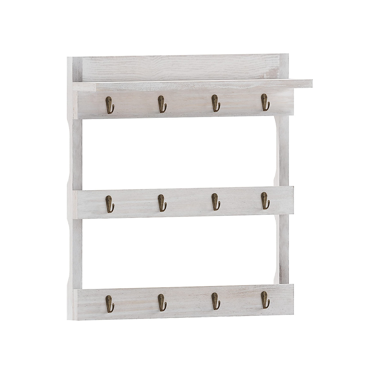 Merrick Lane Steeley Wooden Wall Mount 12 Cup Mug Rack Organizer with Upper Storage Shelf and Metal Hanging Hooks with No Assembly Required, Whitewashed