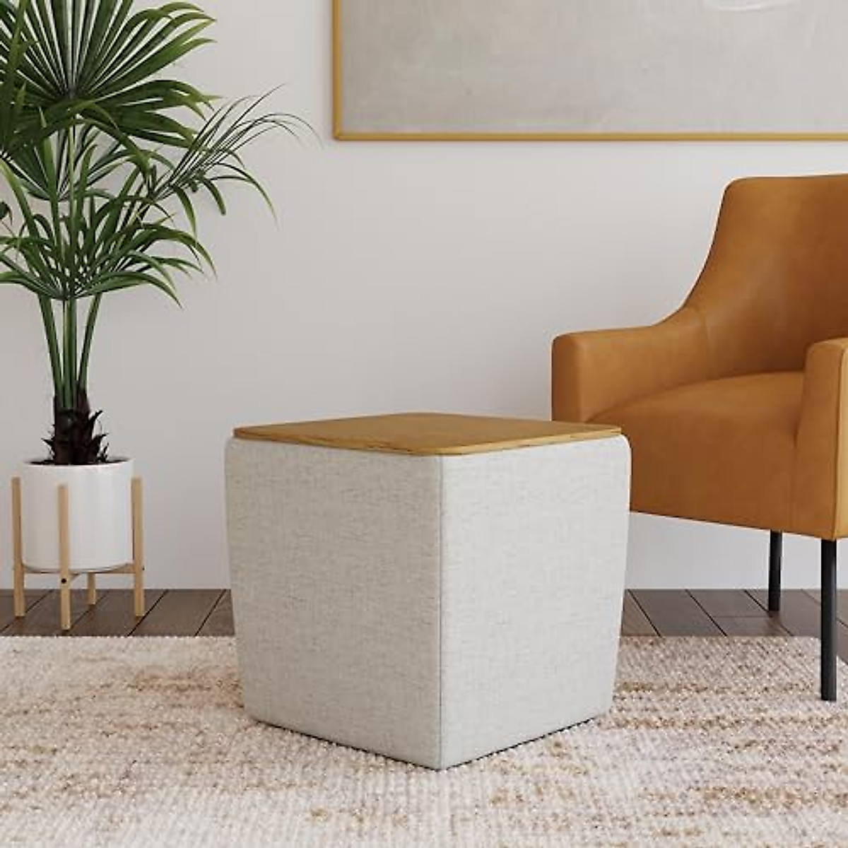 HomePop Home Decor Storage Ottoman with Wood Top|Upholstered Modern Square Storage Ottoman with Storage for Living Room & Bedroom, Gray Woven