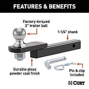 CURT 45147 Trailer Hitch Mount, 2-Inch Ball, Pin, Fits 1-1/4-In Receiver, 3,500 lbs, 3/4" Rise , Black
