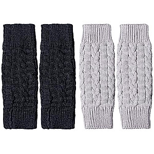 Loritta Womens Fingerless Gloves Winter Warm Knit Crochet Thumbhole Arm Warmers,B1- Black+light Gray(2 Pairs)