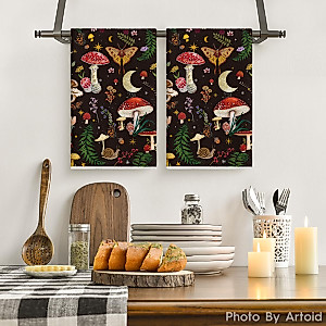 Artoid Mode Black Modern Mushroom Kitchen Towels Dish Towels, 18x26 Inch Cute Botanic Farmhouse Decoration Hand Towels Set of 2