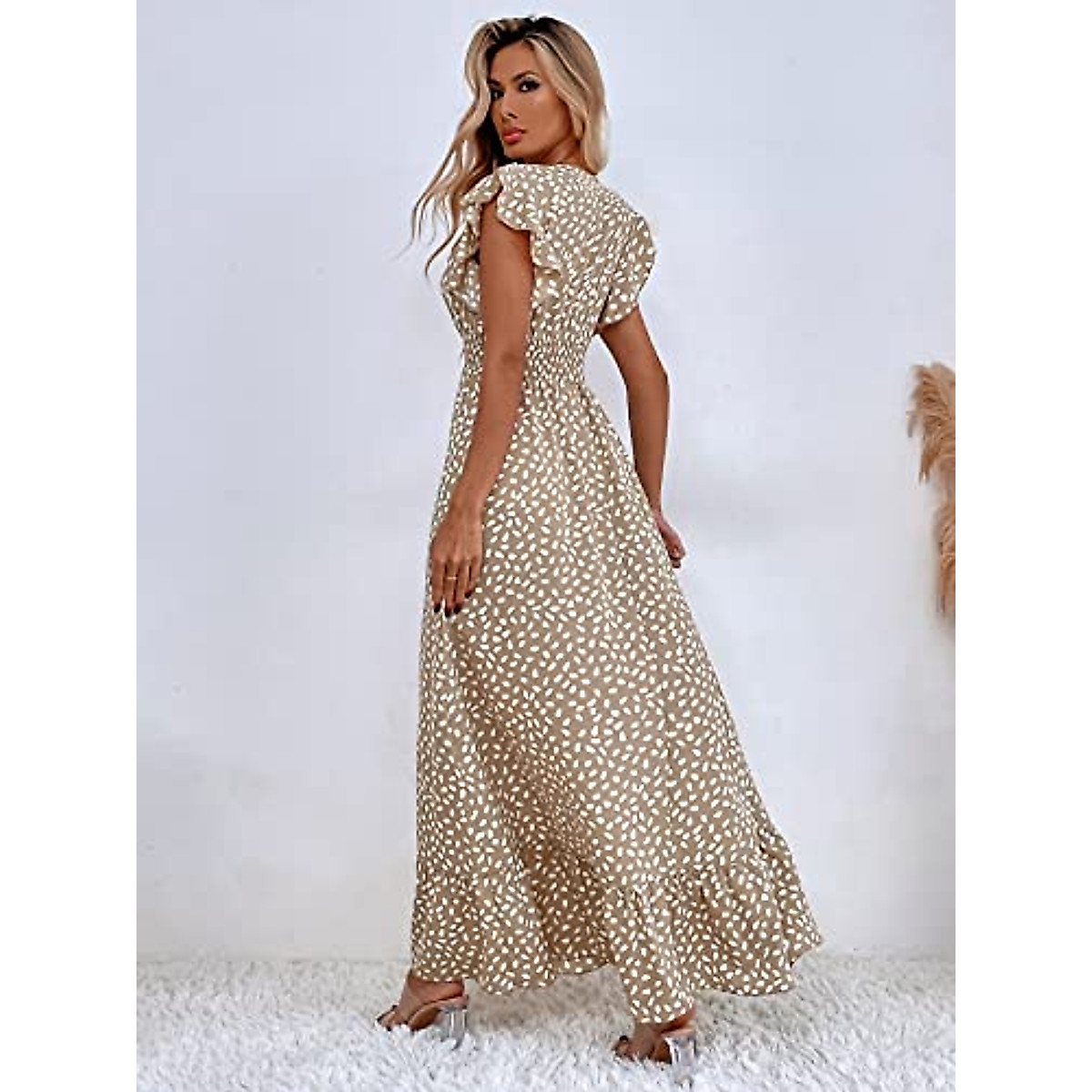 MakeMeChic Women's Allover Print Ruffle Sleeve V Neck Ruffle Hem A Line Summer Maxi Dress Khaki L