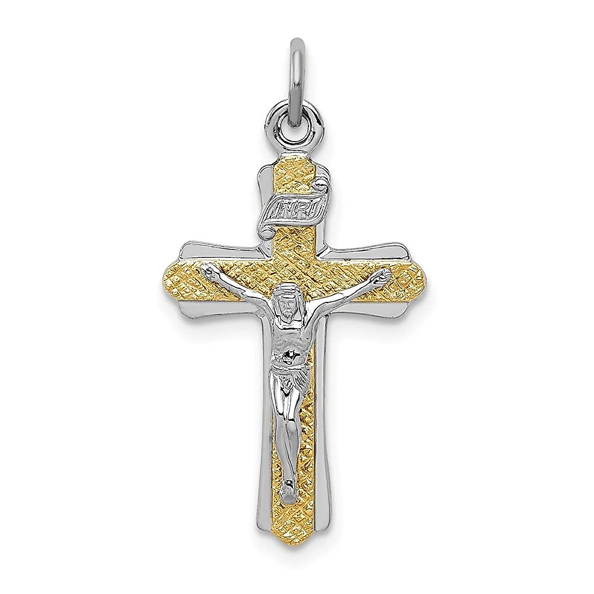 Diamond2Deal 925 Sterling Silver Rhodium-plated Gold-tone INRI Religious Crucifix Cross Pendant for Women (L- 29 mm W- 15 mm)