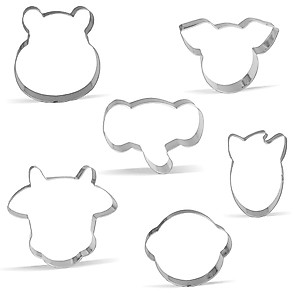 Jungle Animal Face Cookie Cutter Set - 6 Piece - Cow, Horse, Pig, Elephant, Monkey, Hippo - Stainless Steel