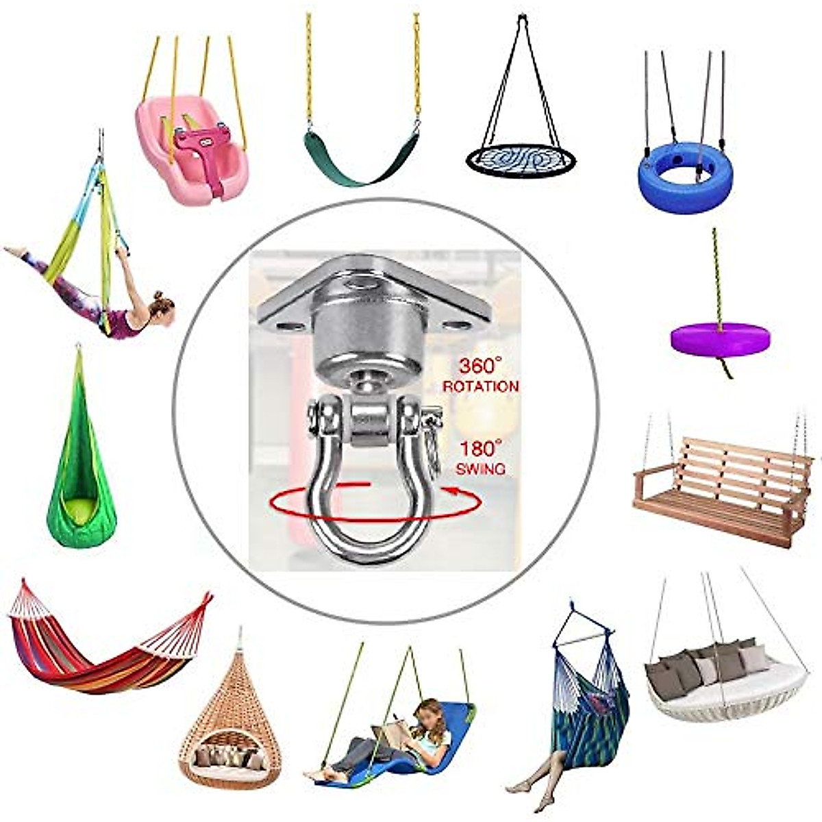 Dakzhou Stainless Steel Hanger with Smooth Swing Bearings, Heavy Duty 180°+360° Swivel Swing Hook, 1500 lb Capacity Playground Yoga Hammock Chair Rope, sandbag Porch Swing Bag Sleeve