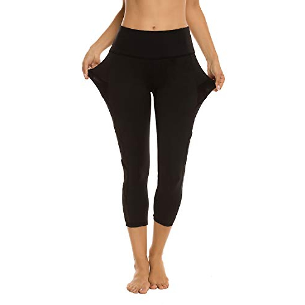 romansong High Waisted Workout Compression Capri Leggings for Women Petite Skinny Mesh Gym Legings with Pockets(Black,Small)