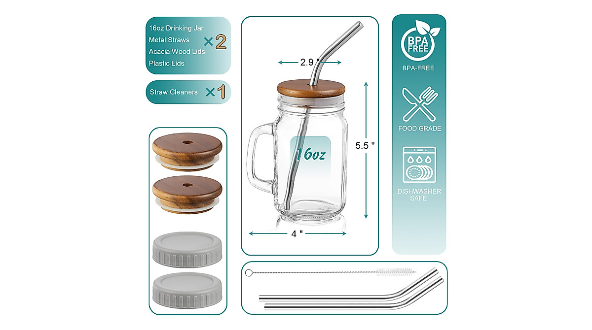 DRASTAR Mason Jar Cups with Lids & Straws - 16oz Glass Set