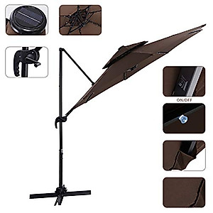 MZQYGL Sunbrella Solar Umbrellas 10ft Market Umbrella with LED Lights Patio Umbrellas Outdoor Table Umbrella 360° Rotatable (Brown)