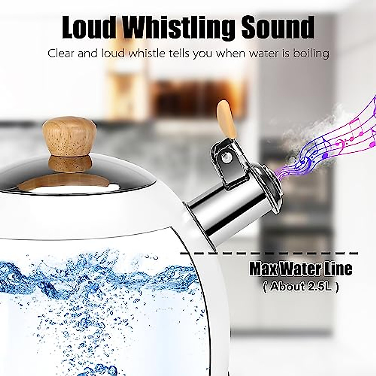 Tea Kettle, Beyoung 2.5 Liter Whistling Tea Kettle, Tea Pots for Stove Top Food Grade Stainless Steel with Wood Pattern Handle, Universal Base Suitable for Tea, Coffee, Milk