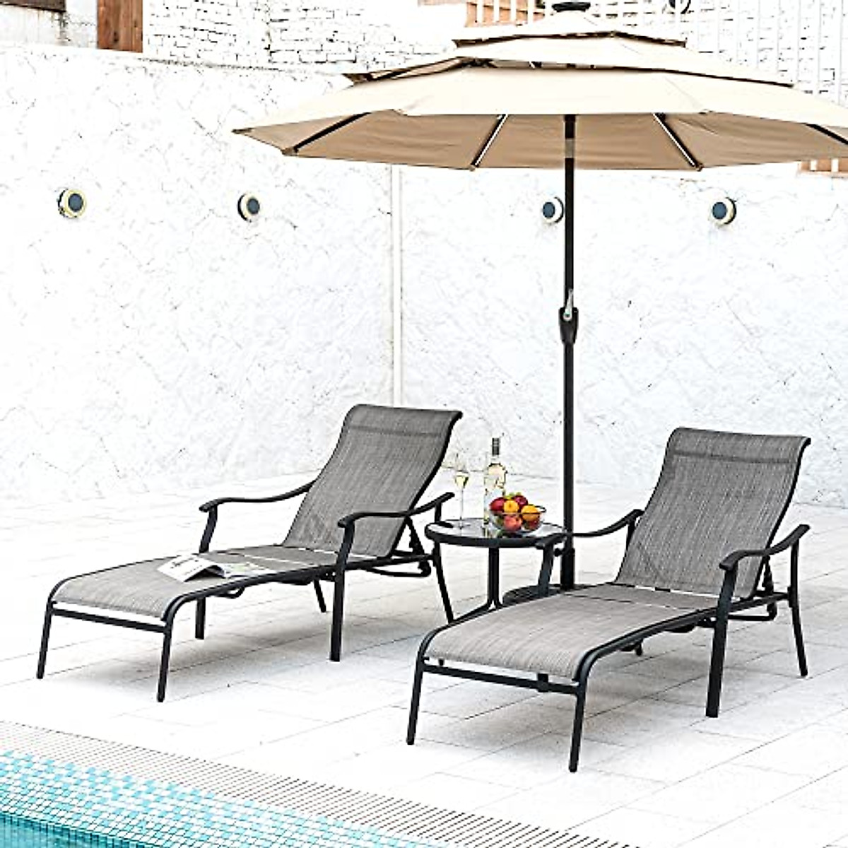 HAPPATIO Patio Chaise Lounge Set 3 Pieces,Patio Lounge Chair with Glass Coffee Table,Pool Lounge Chair with Breathable Textilene Fabric,Patio Chaise Lounge Chair for Patio Backyard Poolside(Gray)