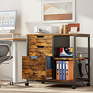YaFiti Office File Cabinet, 3 Drawer Lateral Filing Cabinet with Socket and USB Charging Port, Printer Stand with Open Storage Shelves fits A4 or Letter Size, Rustic Brown