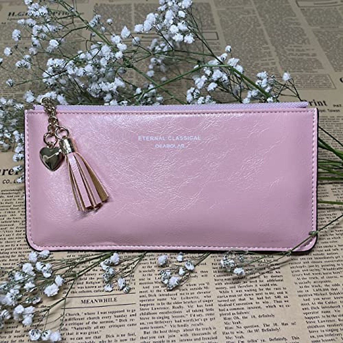 FuSi Women Bright Sweet Pu Purse Ultra-Thin Long Wallet Handbag (Pink), FSUS0074