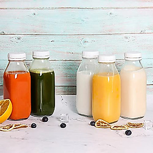 YEBODA 16oz Glass Milk Bottle with Plastic Tamper-proof Caps (6 Pack) Vintage Reusable Dairy Drinking Containers, Glass Bottles for Milk, Juice,Yogurt, Smoothies, Honey, Tomato Sauce, Jam, Syrup