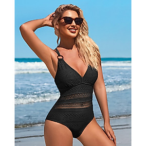 Charmo Women's Crochet One Piece Swimsuits Plunge V Neck Strappy Bathing Suit Hollow Out Monokini Swimwear Black L