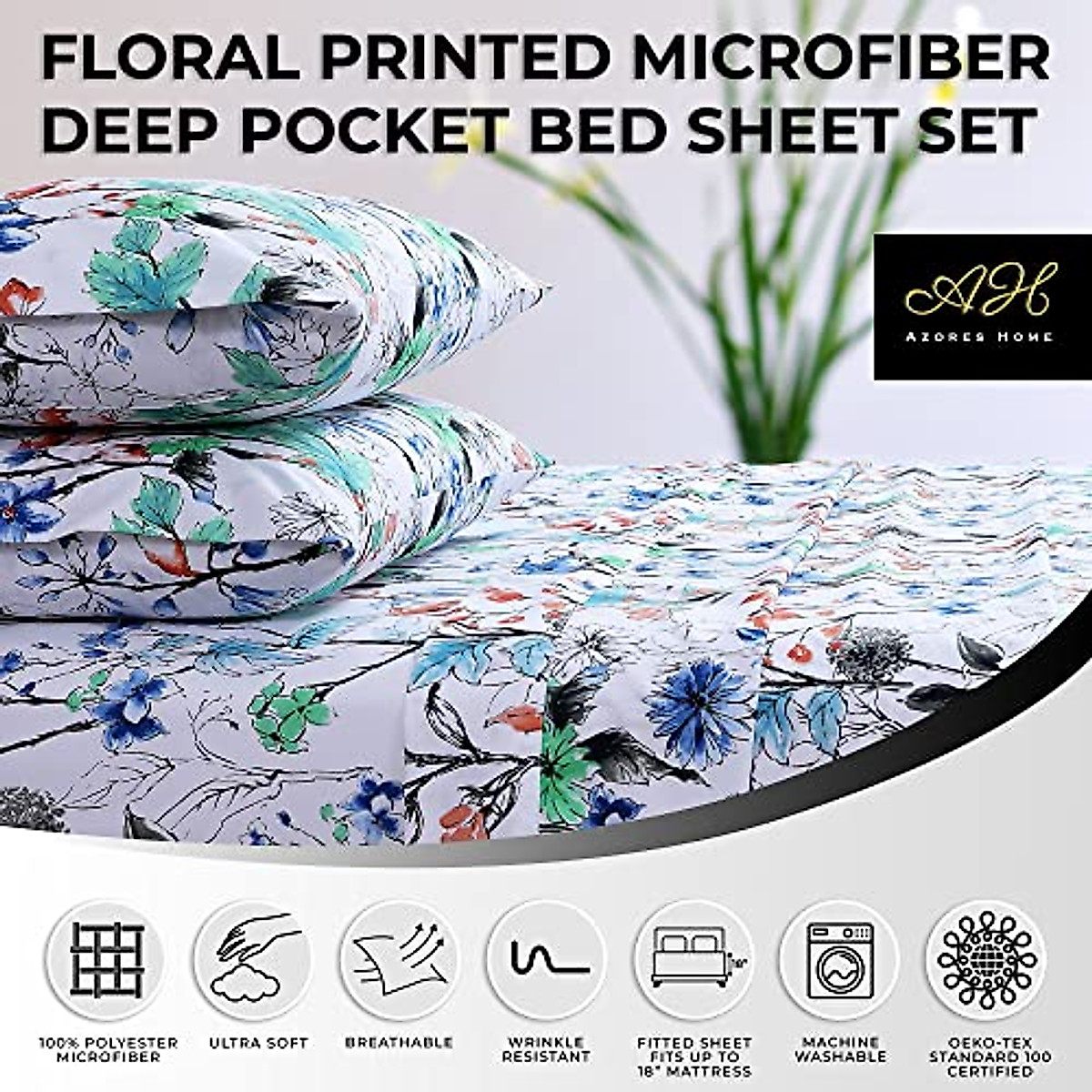 AZORES HOME Chloe Printed Deep Pocket Sheet Set with Oversized Flat - Queen, Green