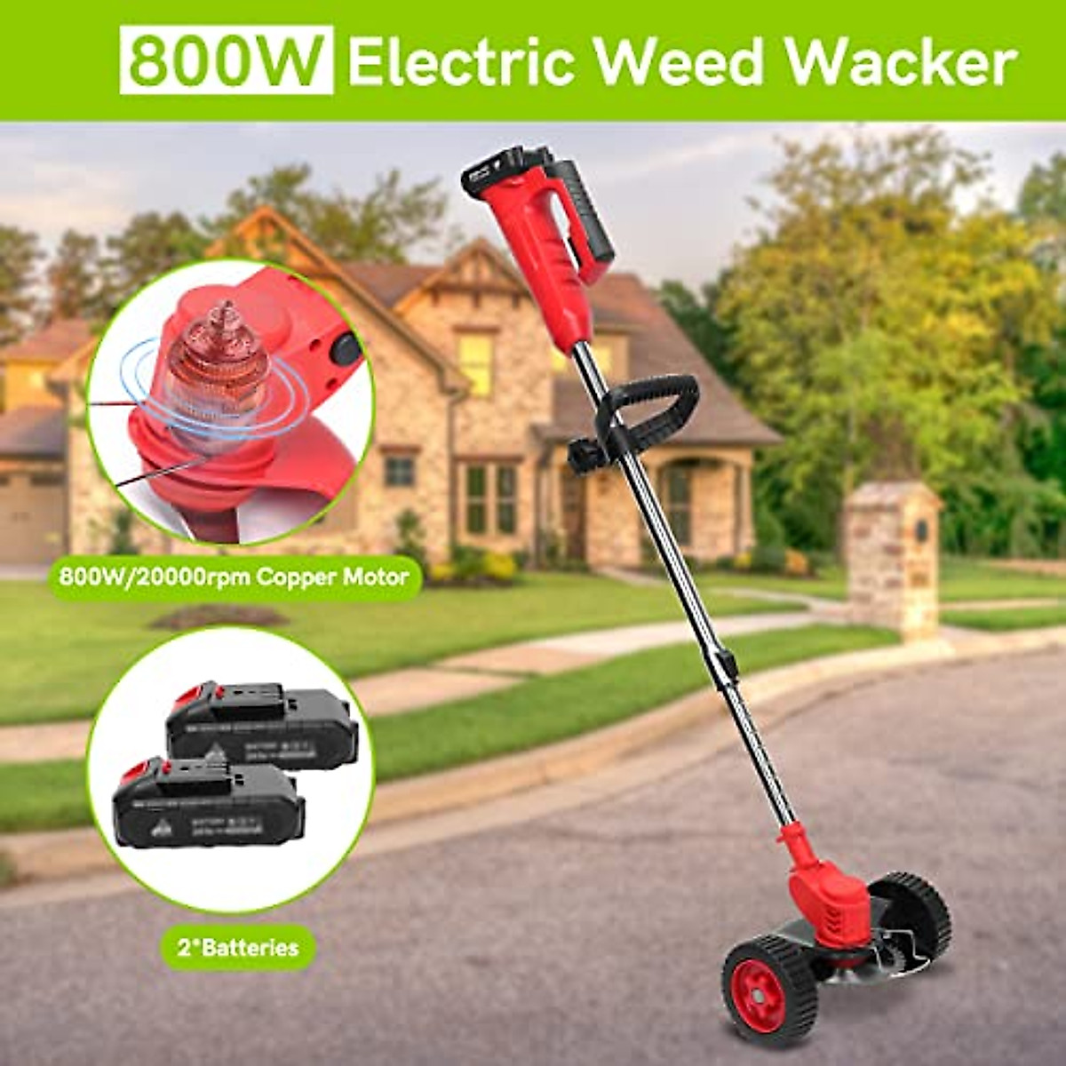 Xverycan Weed Wacker Cordless, 800W Electric Weed Eater, Garden Grass Trimmer with Battery, Charger, Wheels, Lightweight & Easy, Efficient Weeding, Red