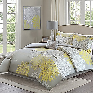 Comfort Spaces Enya Comforter Set-Modern Floral Design All Season Down Alternative Bedding, Matching Shams, Bedskirt, Decorative Pillows, Queen(90"x90"), Yellow