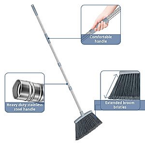 Broom for Outdoor Indoor, Folews Heavy Duty Broom 56 Inch Long Handle Angle Broom for Sweeping Kitchen Shop House Office Commercial Broom