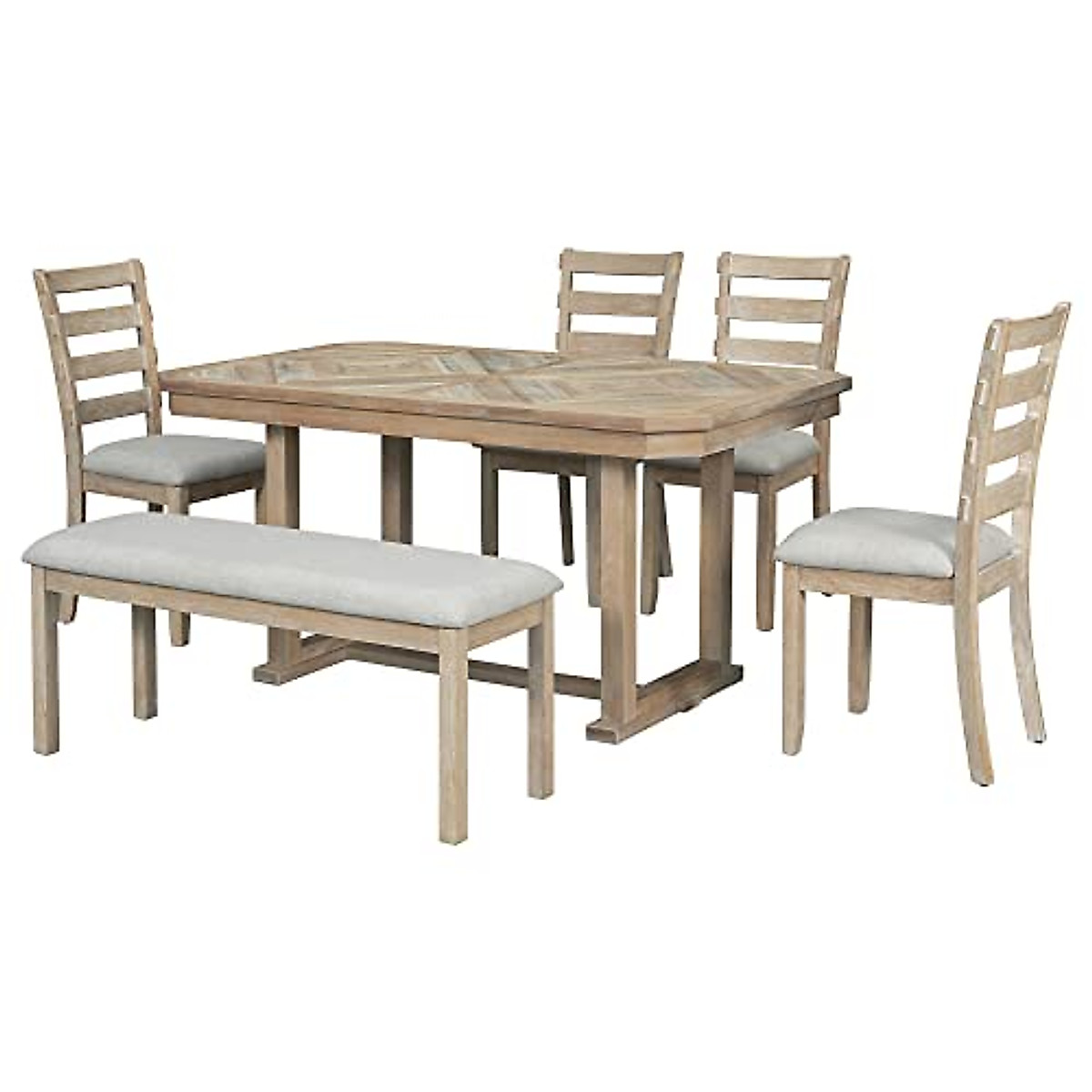 Goohome 6-Piece Rubber Dining Table Set, with Beautiful Grain Pattern Tabletop Solid Veneer and Soft Cushion, Bench Family Furniture for Home, Apartment, Kitchen, Natural Wood Wash