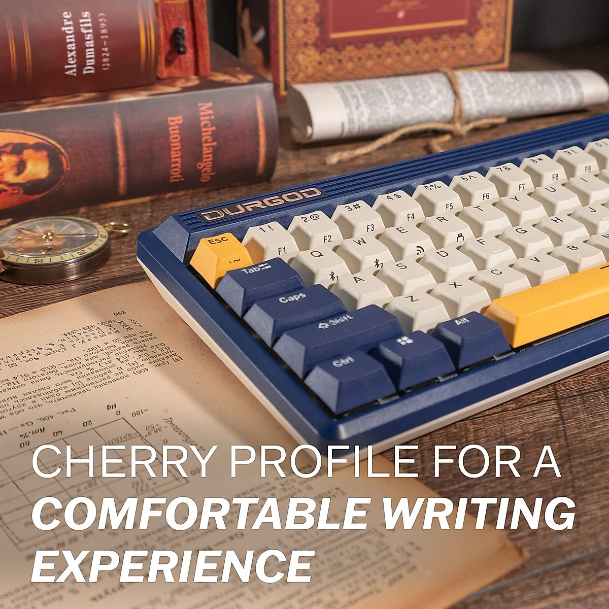 DURGOD Fusion Mechanical Retro Keyboard | 65% Layout | Wireless 2.4 GHz, Bluetooth 5.0, USB C | Doubleshot PBT | Up to 40 Days Battery Life | Windows, Android, iOS (Cherry MX Speed Silver, Navigator)