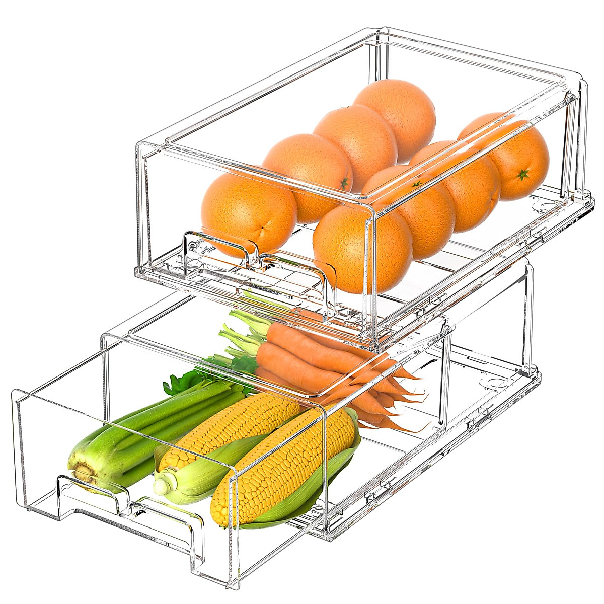 DAMYNUO 2 Pack Refrigerator Drawers - Fridge Organizer Bins Stackable Storage Drawers, Clear Refrigerator Organizing Containers Pull Out Drawer for Fruit, Vegetable Storage and Keep Fresh