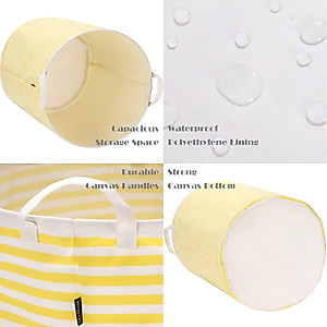 Sea Team 19.7 Inches Large Sized Waterproof Coating Ramie Cotton Fabric Folding Laundry Hamper Bucket Cylindric Burlap Canvas Storage Basket (19.7", Stripe/Yellow)