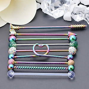 SCERRING 9PCS 14G Stainless Steel Industrial Barbell Cartilage Helix Conch Earring Body Piercing Jewelry 1 1/2Inch(38mm) Heart Arrow Screw Balls for Women Men Rainbow